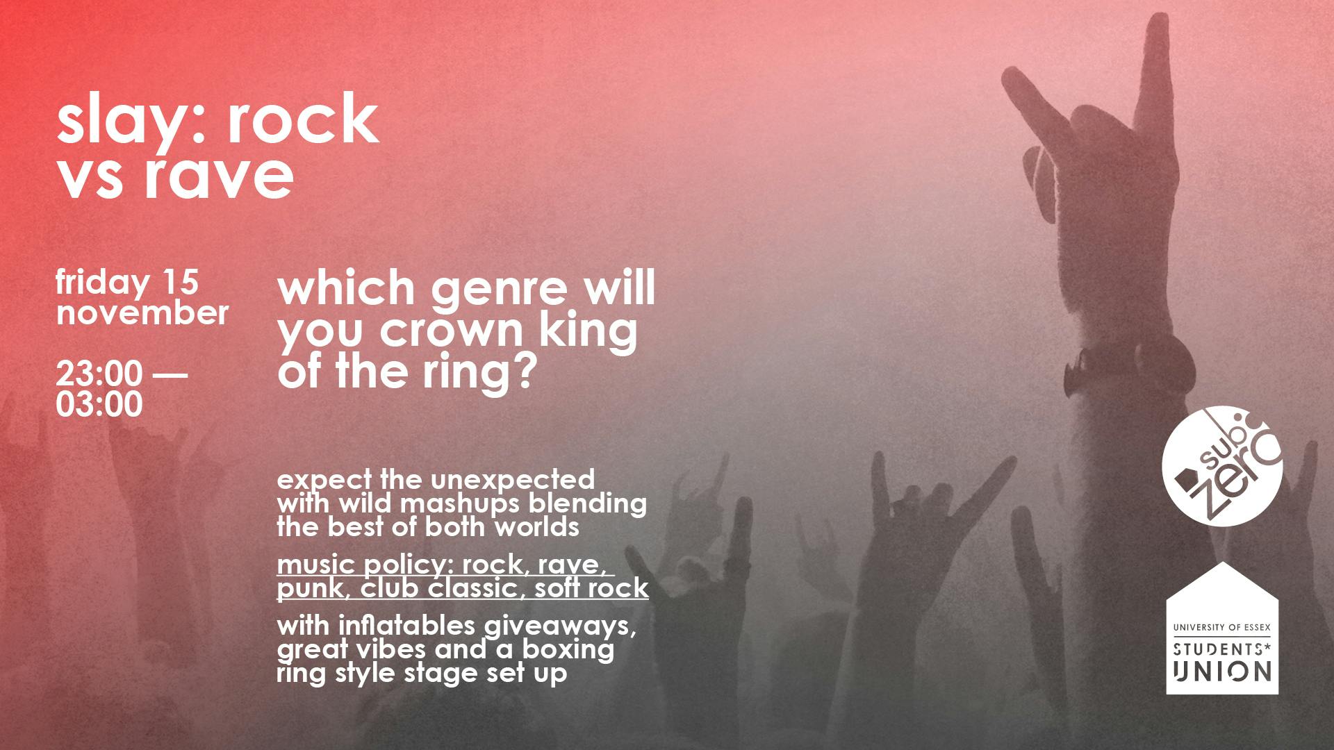 Slay Rock Vs Rave at Sub Zero, Colchester on 15th Nov 2024 | Fatsoma