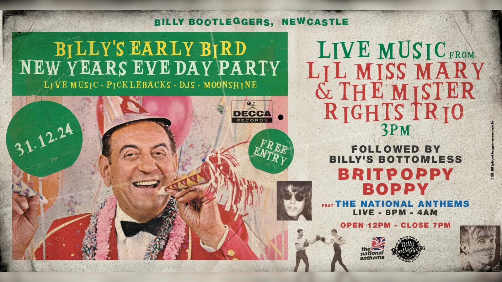 BILLYS EARLY BIRD NYE DAY PARTAY at Billy Bootleggers, Newcastle upon ...