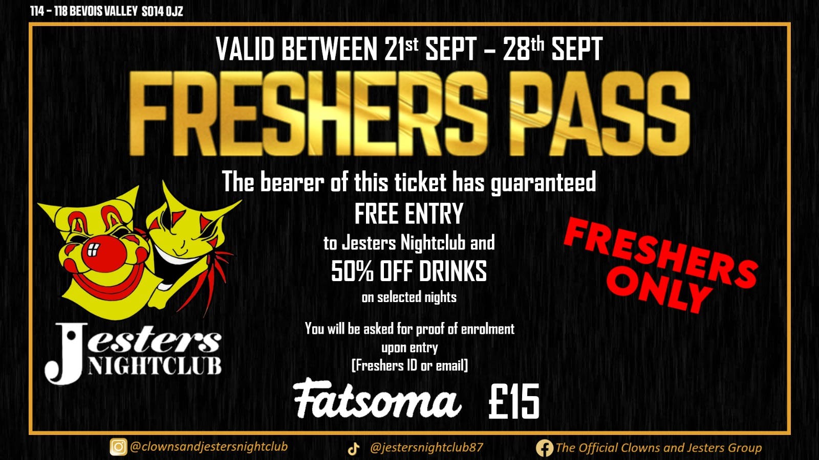 Freshers Pass at Jesters Nightclub at Clowns Wine Bar and Jesters ...