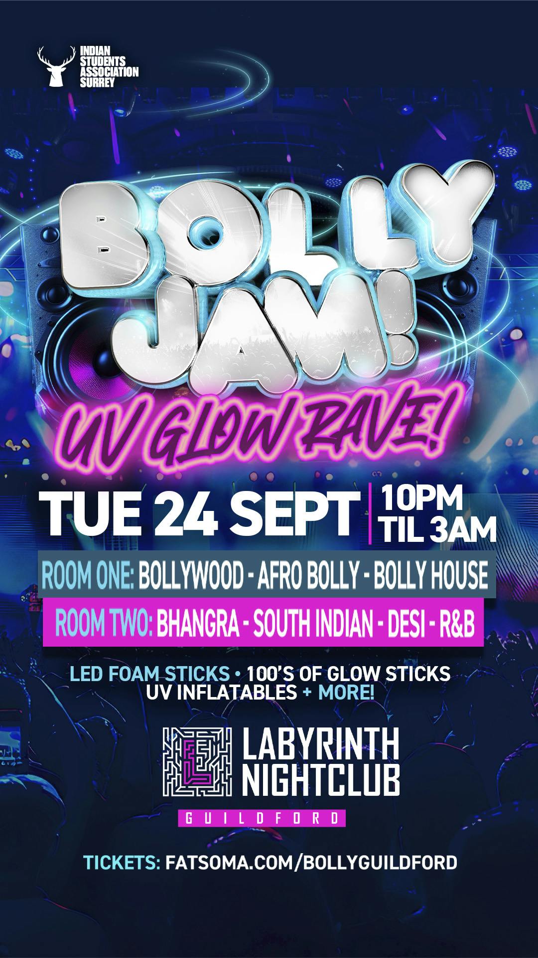 Bolly Jam • UV GLOW RAVE • Tue 24 SEPT - LABYRINTH GUILDFORD - 2 FLOORS ...
