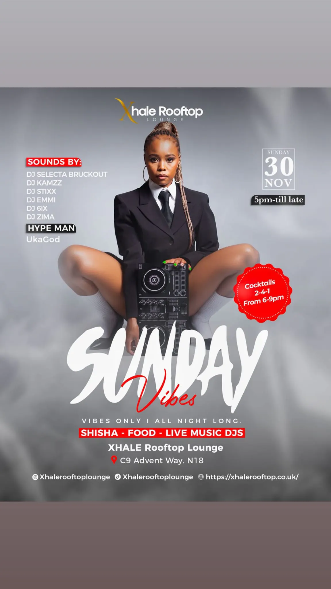 Sunday Vibes at Xhale Rooftop Lounge, London on 30th Nov 2025 | Fatsoma