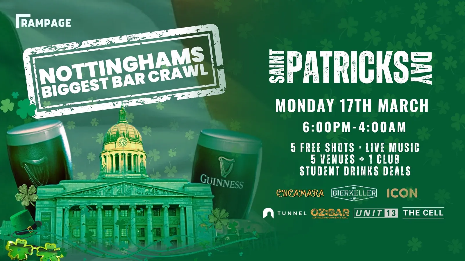St Paddy's Day Bar Crawl - Nottingham | 5 FREE SHOTS | 5 VENUES | 1 ...