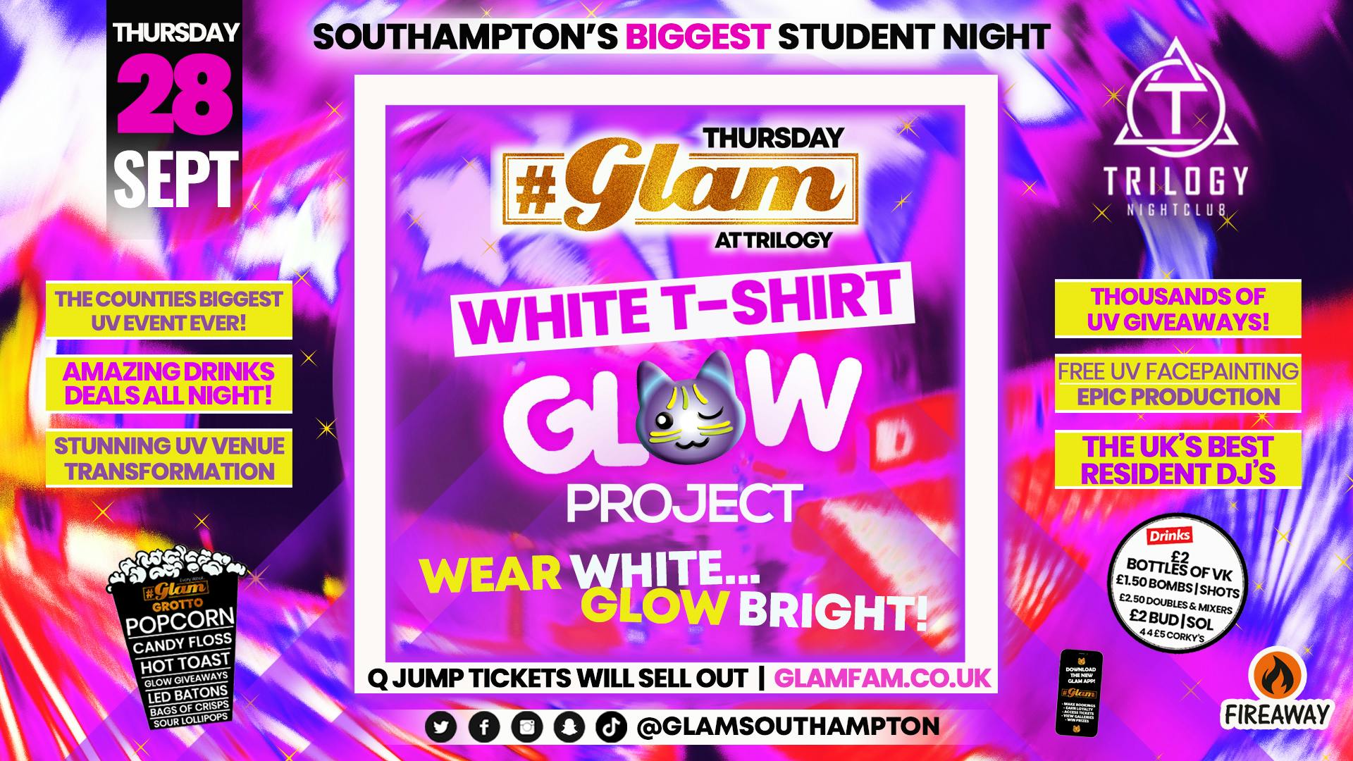 GLAM THIS THURSDAY 🐾 Glam - Southampton's Biggest Student Night - Freshers UV Glow White Project ...